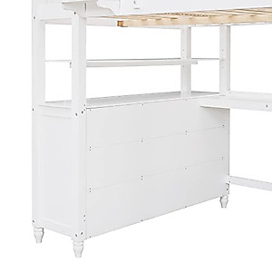 Merax Multi-Functional Full Loft Bed with Built-in Desk/6 Storage Drawers/Shelf, Full Size Wooden Loft Bed with Ladder and Guardrails, No Box Spring Required Wood Bed Frame, White