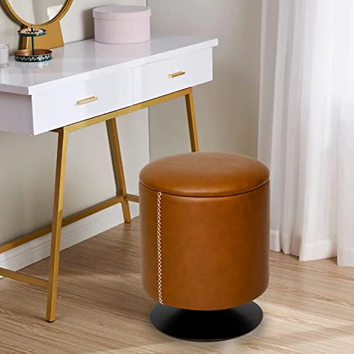 HeuGah Storage Ottoman with Storage for Living Room,Faux Leather Round Ottoman Coffee Table and Ottoman Foot Rest with Metal Rotatable Chassis (Brown)