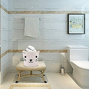 8''X7'' Small Baby Hamper White Cotton Rope Basket | LONTAN Washable Baby Nursery Hamper Cute Cat Design Baby Gift Basket Collapsible Organizer for Snacks, Pen