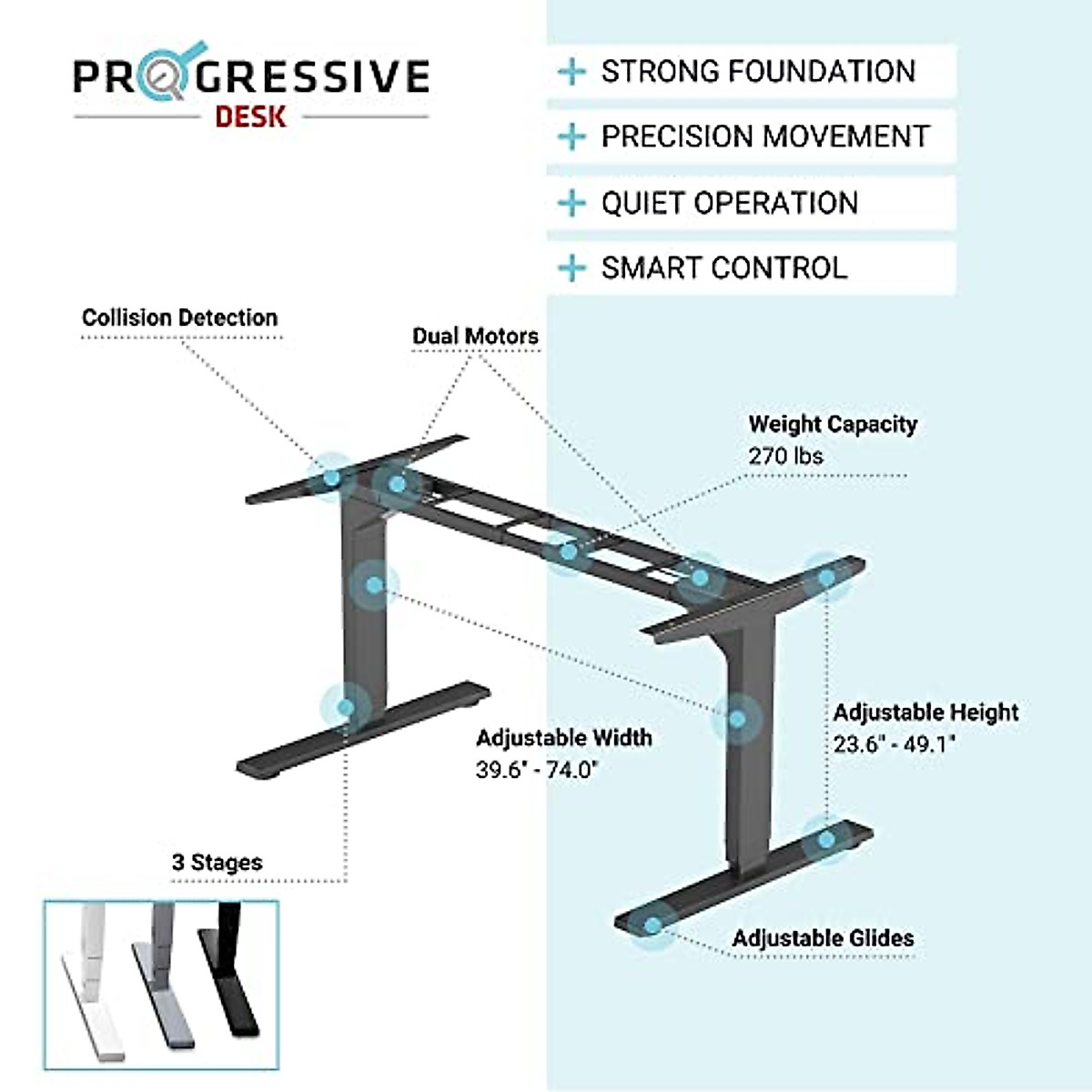 Progressive Desk Standing Desk 60x30. Dual Motor, 3 Stages Height Adjustable Stand up desks for Home Office, 60 inch -Ebony Oak, Black Frame