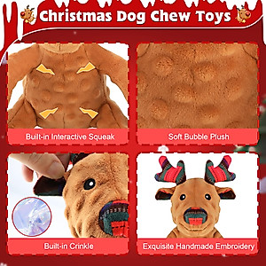 YUEPET Christmas Squeaky Dog Chew Toys, Reindeer Plush Dog Toys for Cleaning Teeth, Durable Stuffed Dog Toys with Crinkle Paper for Puppies Small Medium Dogs