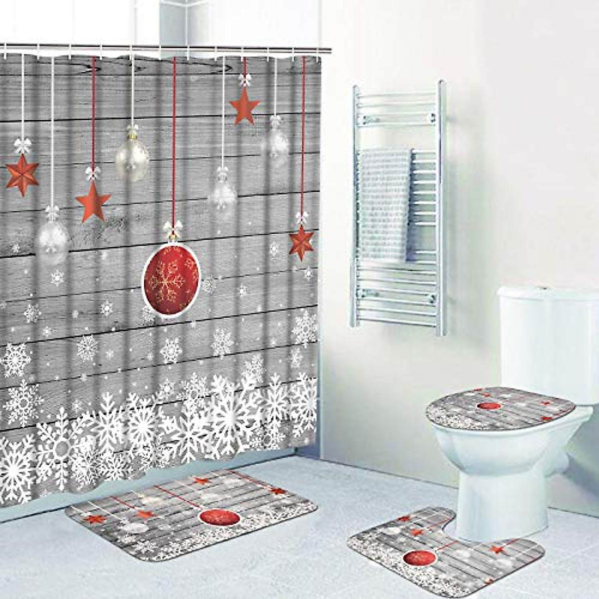 Ikfashoni 4 Pcs Christmas Shower Curtains Set with Non-Slip Rugs, Toilet Lid Cover and Bath Mat, Grey Vintage Wooden Shower Curtain with 12 Hooks, Xmas Snowflake Shower Curtain for Bathroom