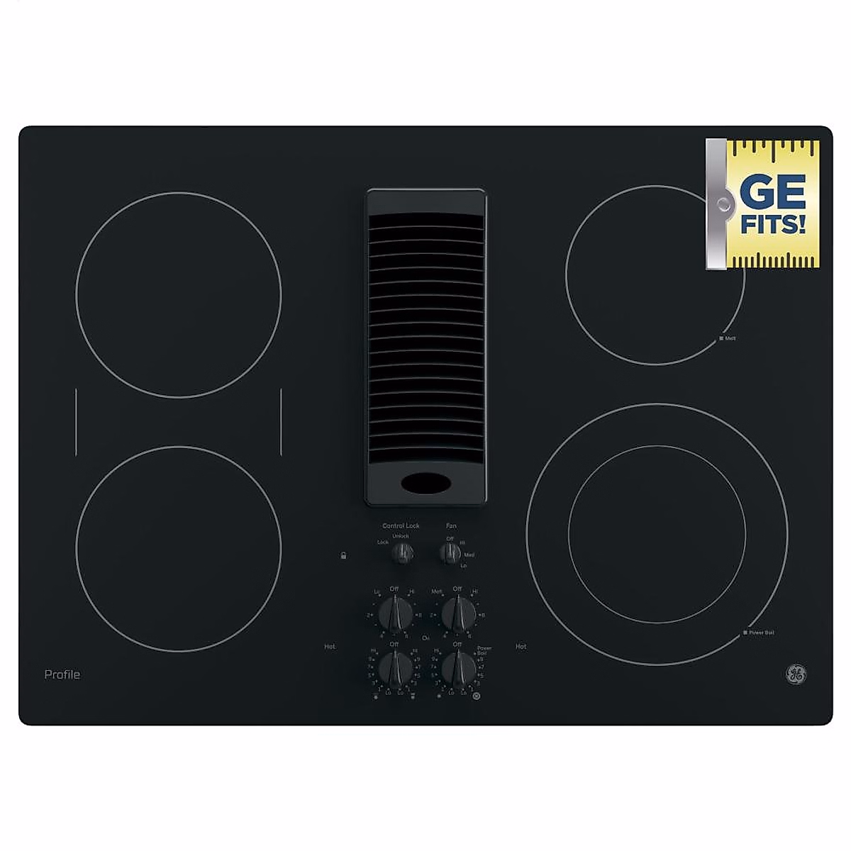 GE PP9830DJBB Profile Series Electric Cooktop with 4 Burners and 3-Speed Downdraft Exhaust System, 30", Black