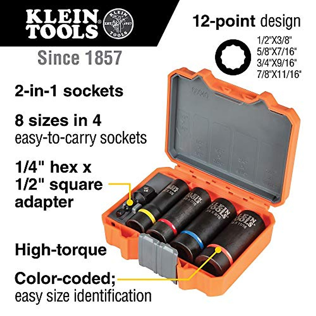 Klein Tools 66040 2-in-1 Impact Socket Set, 5-Piece Tool Set with 12-Point Deep Sockets with 1/2-Inch Drive, Includes Tool Case