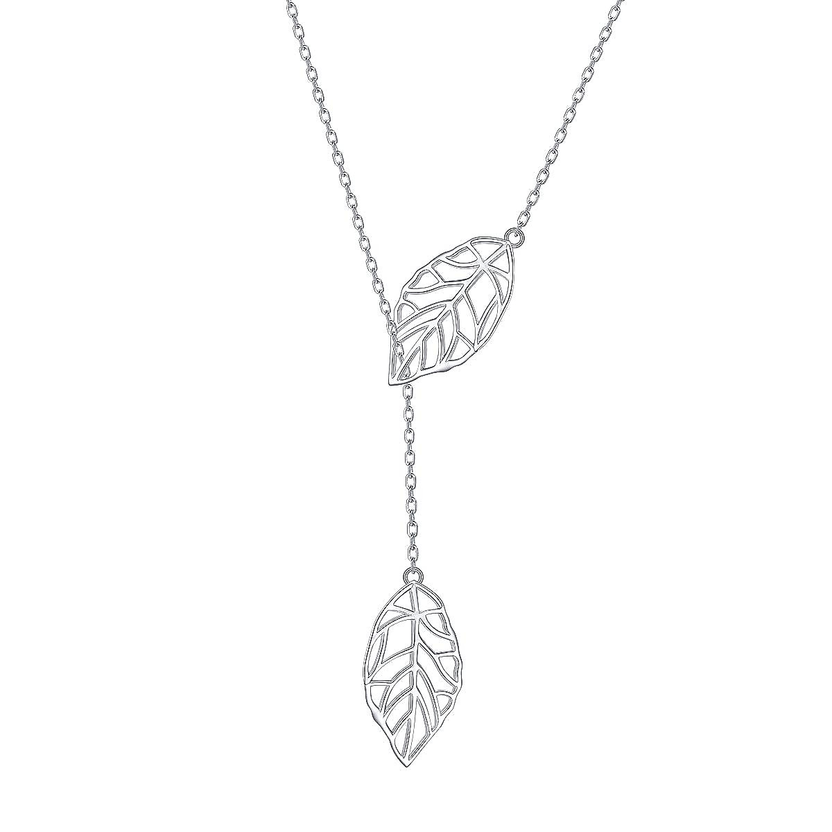 DAOCHONG Long Necklace Sterling Silver Leaf Larait Bar Y Lariat Long Chain Drop Adjustable Necklace for Her, 30"