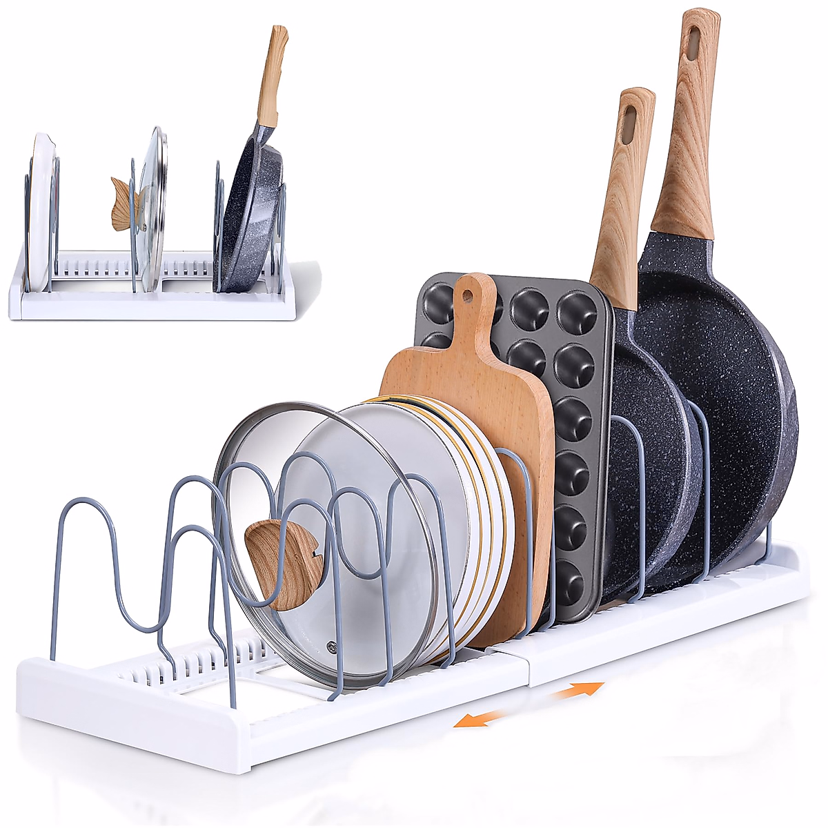 LALOBLUE Expandable Pot and Pan Organizer Rack for Cabinet, Pan and Pot Lid Holders with 10 Adjustable Dividers for Kitchen Cabinet Organization and Storage, Cookware Organizer, 12.9"-24.7", White