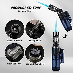Lighter Rotatable Head Portable Torch Lighter Refillable Jet Flame Lighter Windproof Flexible with Visual Fuel Window BBQ Fireplace Camping Kitchen(Butane Gas Not Included) (Blue A)