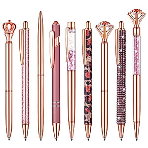 9 Pcs Ballpoint Cute Pens Set Leopard Fancy Pens Liquid Sand Glitter Pens Crystal Big Diamond Pen Crown Pretty Pens Metal Slim Ballpoint Pens Girly Black Ink for Home Wedding School Office (Rose Gold)