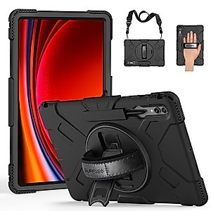 SUPFIVES Case for Galaxy Tab S10 Ultra 14.6 inch 2024, Tablet S9 Ultra 2023 Upgraded Military Liquid Silicone 3 Layers Protection with+Handle+ Rotating Stand+ S-Pen Holder+ Shoulder Strap- Black