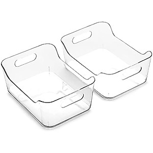 Clear Plastic Food Organizer Storage Bins 2 Pack with Handles for Organizing Snacks Pantry, Cabinet, Kitchen, Refrigerator, or Freezer - Small