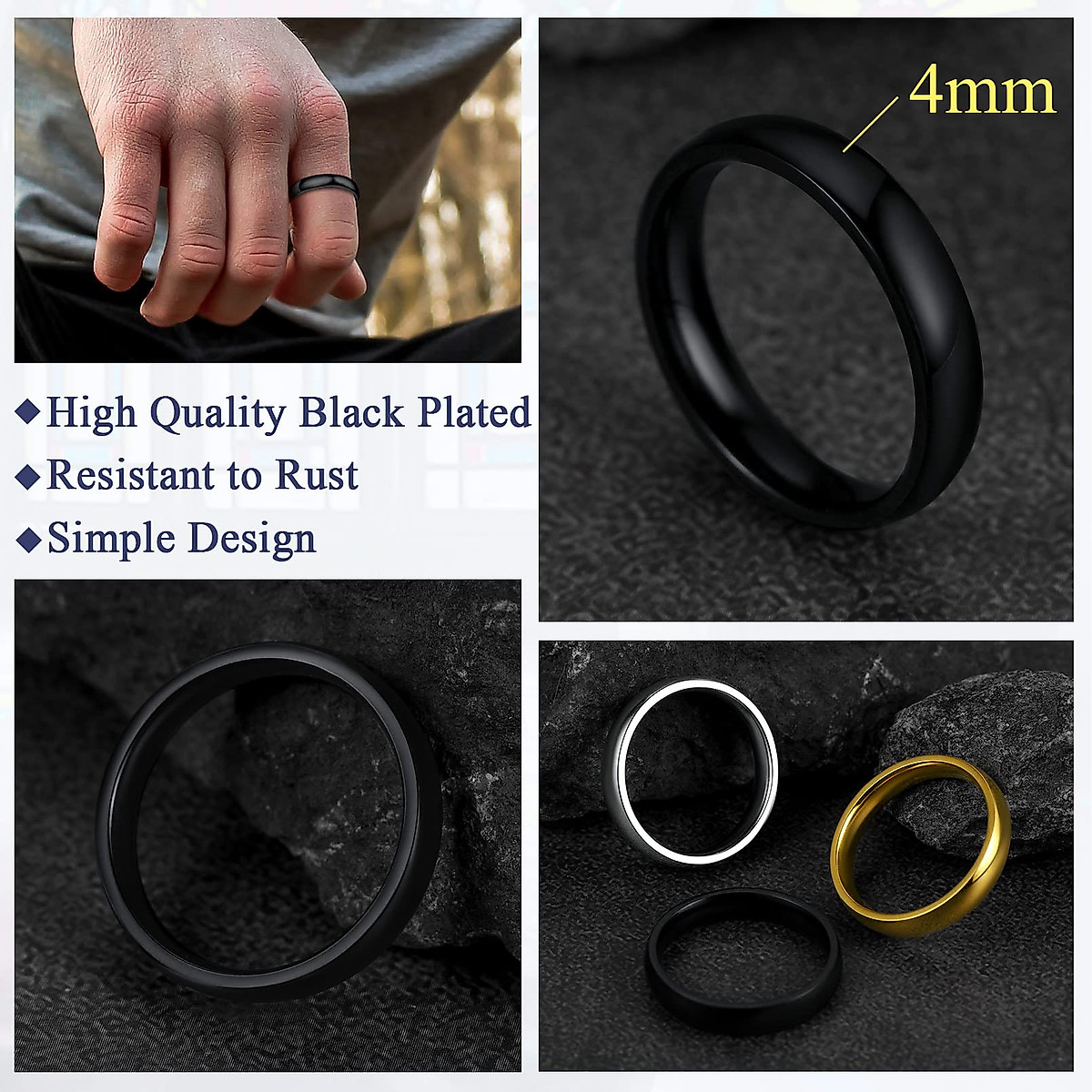 FaithHeart Personalized Custom Black Stainless Steel Rings Wedding Bands Size 5 Fashion Polished Finger Bands Promise Jewelry for Couples