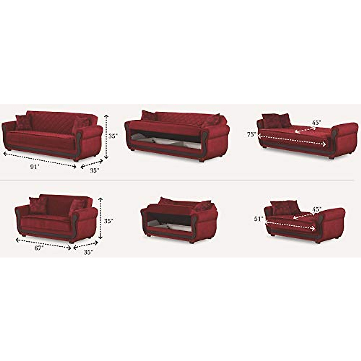 Beyan Signature Empire Furniture USA Park Ave Collection Convertible Sofa Bed with Storage Space and Includes 2 Pillows, Red