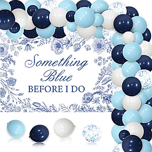 JOYMEMO Something Blue Before I Do Bridal Shower Decorations for Women, Blue and White Balloons Garland Arch Kit with Blue Flower Party Backdrop, I Do Diamond Ring Balloon, Bachelorette Party