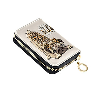 MOYYO RFID Credit Card Holder Case Cute Leopard Pug Dog Leather Printed Zipper Card Case Wallet for Women Girls