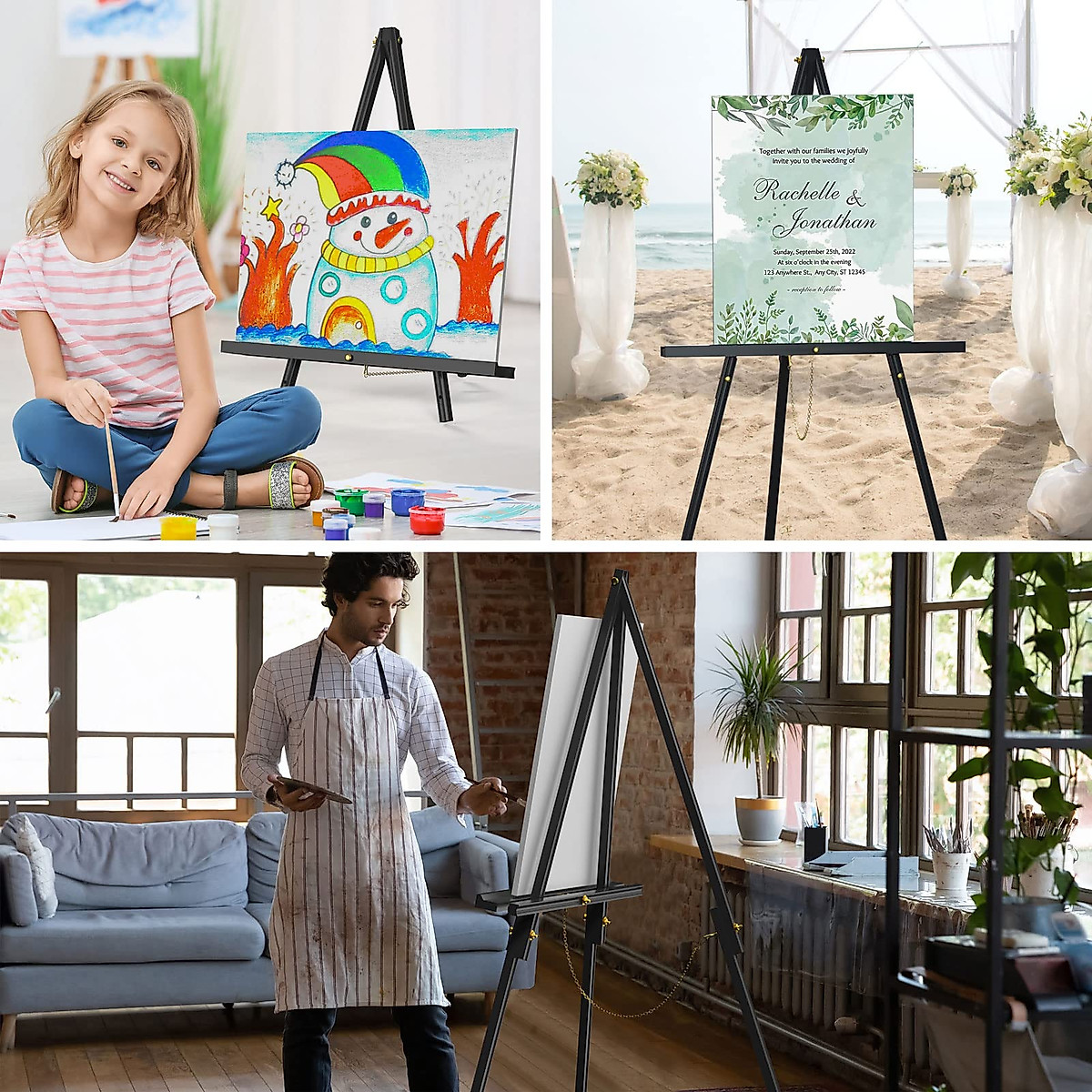 Art Easel Wooden Stand - 63" Tripod Display Artist Wood Easel - Adjustable Floor Stand for Wedding Welcome Sign, Painting, Drawing Board, Display Show - Black