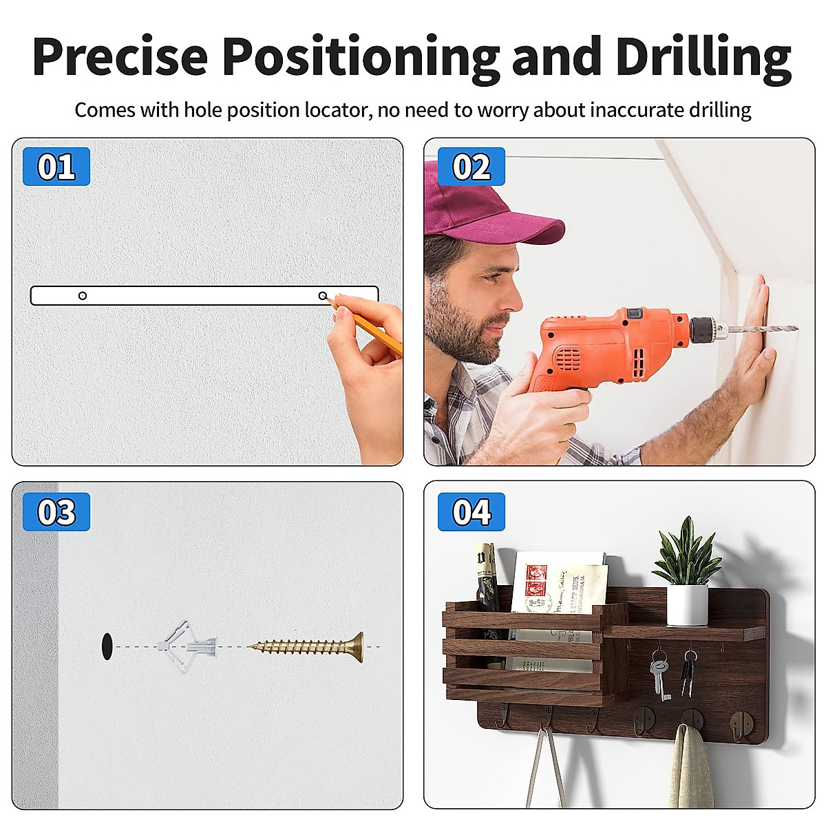 Key Holder for Wall, Key Hanger Wall Mount Hallway Farmhouse Decor, Mail Holder with 10 Key Hooks, Modern Key Rack with Floating Shelf, Mail Organizer and Key Hanging 2-in-1 Storage Rack