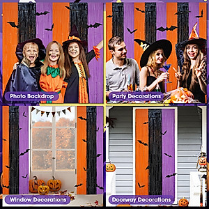 Halloween Party Decorations, 3 Pack 3.3 x 6.6 Ft Orange Purple Black Foil Fringe Curtains with 24 Bat, Halloween Backdrop Photo Booth Props Streamer for Halloween Party Supplies Birthday Decorations