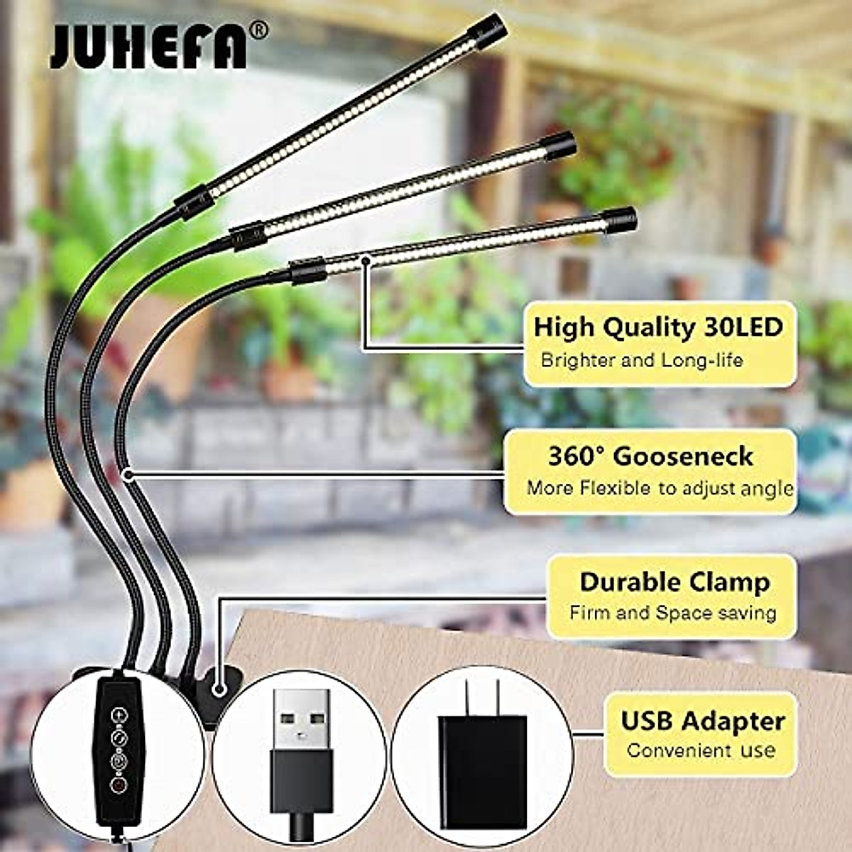 Juhefa Plant Grow Light, Full Spectrum Clip-on Plant Lamp with White Red Blue Bulbs for Indoor Plants Growing, Dimmable Brightness & 3 Light Modes, Auto On/Off Timing 4 8 12Hrs