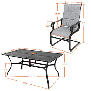 NUU GARDEN 7 Piece Outdoor Dining Set, 6 All Weather Padded Textilene Patio Chairs and 61" Rectangular Dining Table with 1.77" Umbrella Hole, for Garden, Patio, Light Grey and Black