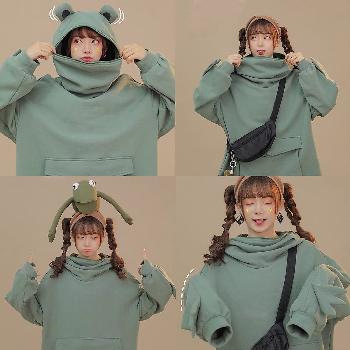 Frog Hoodie Karl Jacobs Froggy Hoodie Zipper Mouth Plus Size Loose Hooded Big Pocket Frog Sweatshirt Sweater for Women Teens Girls 10 12 14 16 Green