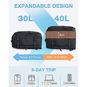 BAGSMART Travel Laptop Backpack, 40L Expandable Airline Approved Carry On Backpack, 17 Inch Luggage Backpack Suitcase with Packing cubes, Water Resistant Weekender Black Backpack with Shoe Bag, Black