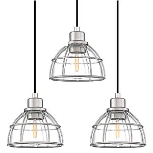 Industrial Hanging Drum Indoor Pendant Ceiling Light Kitchen Island Fixtures Brushed Nickel Finish,Metal Shade for Bar Dining Room Corridor Living Room (3 Pack, Clear Glass Pendant Light)