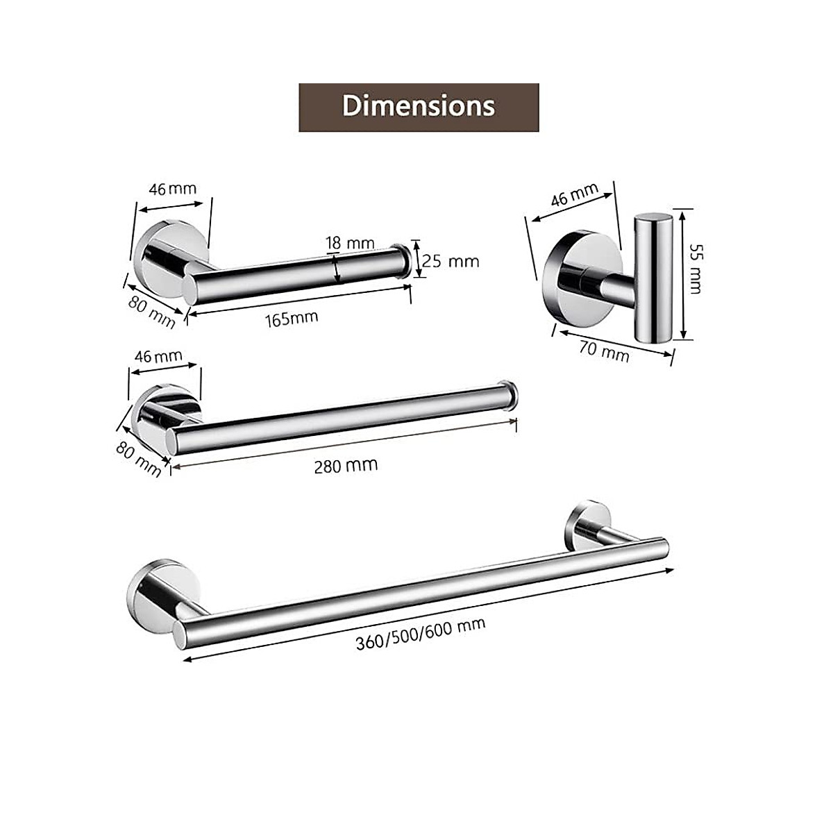 Round Bathroom Accessories Stainless Steel Brushed Toilet Paper Holder Towel Ring Robe Hook Towel Rail Bar Bathroom Hardware,60cm Towel Bar