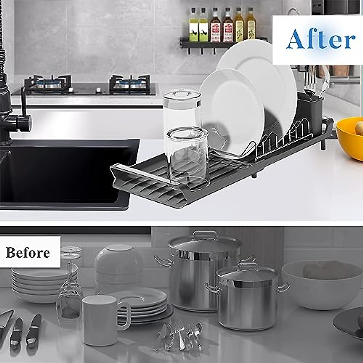 Joemdehazam Dish Drying Rack,Expandable Dish Rack,Compact Dish Rack Durable, Stainless Steel Dish Drying Rack with Removable Cutlery Holder, Small Sink Drainer for Sink or Kitchen Countertop (Grey)