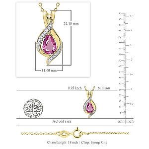 Dazzlingrock Collection 9x6 mm Pear Lab Created Pink Sapphire & Round White Diamond Swirl Teardrop Pendant with 18 inch Gold Chain for Women in 10K Yellow Gold