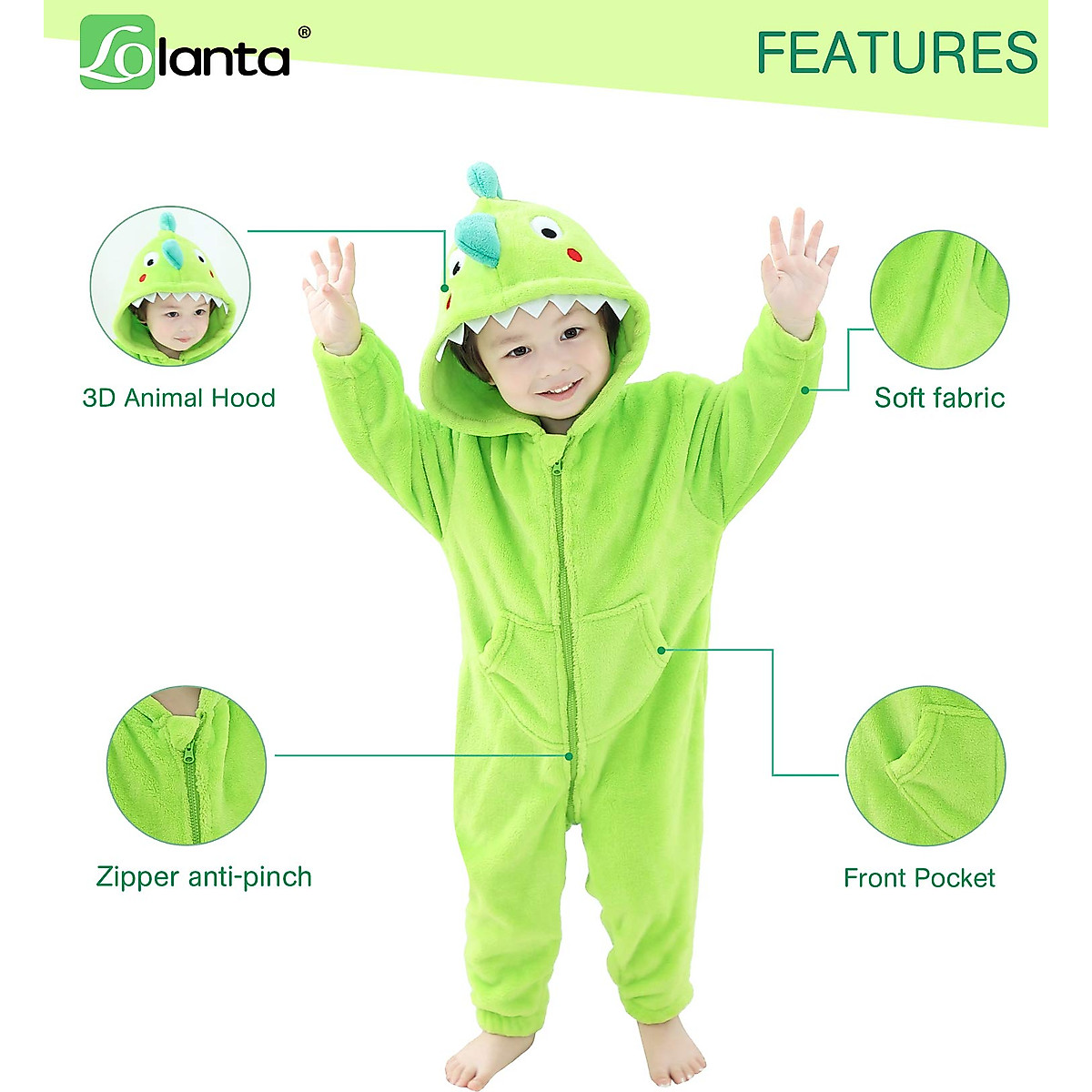 LOLANTA Boys Girls Dinosaur Costume Bodysuit Flannel Toddler One Piece Jumpsuit Kids Gifts (Green, 6-7 Years)