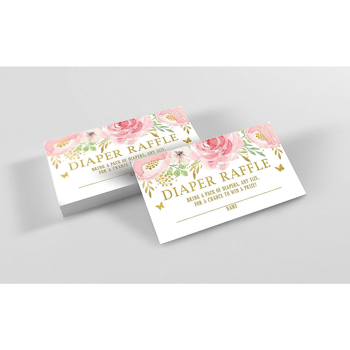 Your Main Event Prints It's a Girl Floral Butterfly Baby Shower Invitation, Pink and Gold Flowers Sprinkle Invites with Diaper Raffle Ticket Cards