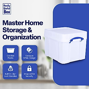 Really Useful Box 35 Liter Plastic Stackable Storage Container with XL Snap Lid & Built-In Clip Lock Handles for Home or Office Organization, White
