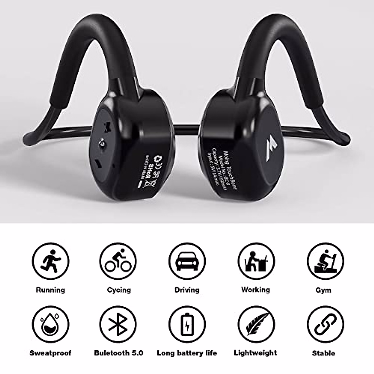 Wireless Bone Conduction Headphones Bluetooth 5.0 Open Ear Sports Headset with Mic Sweatproof for Running, Bicycling, Hiking (Black)