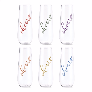 TOSSWARE POP 9oz Flute Classic Cheers Series - Color, SET OF 6, Premium Quality, Recyclable, Unbreakable & Crystal Clear Plastic Printed Champagne Glasses