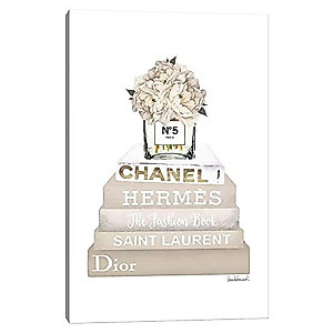 iCanvas GRE245 Cream, Champagne, and Gold Bookstack Topped by Vase with White Peony Canvas Print by Amanda Greenwood, 18" x 12" x 0.75" Depth Gallery Wrapped