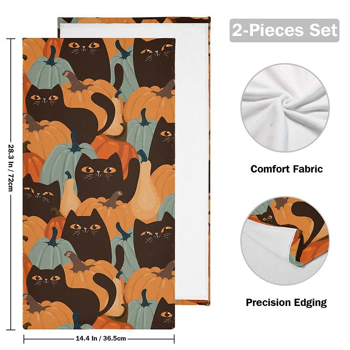 VKPSCHJ Cute Black Cats Pumpkins Bath Hand Towels Set of 2 Fall Halloween Kitchen Dish Towel Fingertip Towel for Bathroom Home Stove Decor Absorbent Soft
