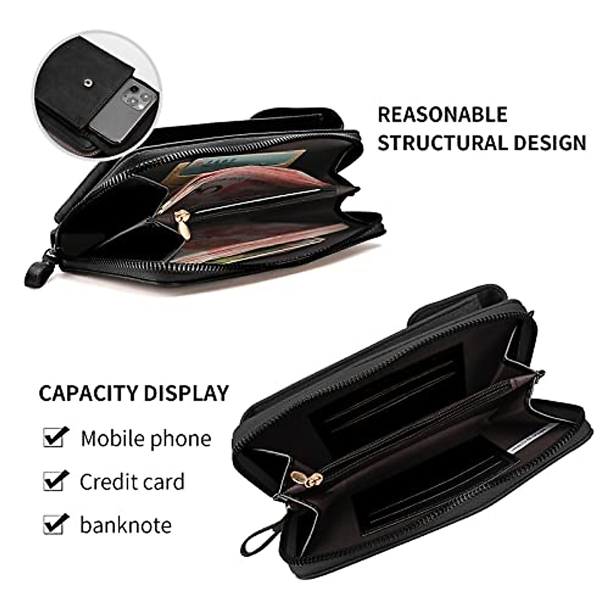 Tingya Small Crossbody Bag Cell Phone Purse Wallet with Credit Card Slots for Women (Black)