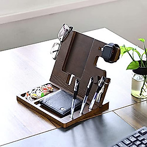 SOOMME Wood Phone Docking Station Ash Wallet Stand Watch Organizer Key Holder to Boyfriend Husband Wife Dad Birthday Nightstand Purse Father Graduation Male Travel Idea Gadgets
