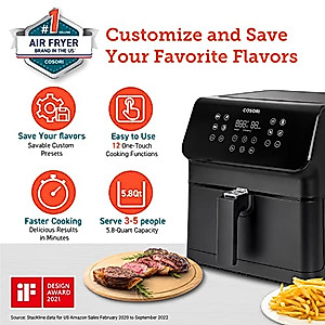 COSORI Air Fryer with Customizable 10 Presets & Shake Reminder,Cookbook(100 Recipes),Accessories XL, Set of 6 Fit all 5.8Qt, 6Qt Air Fryer, FDA Compliant, BPA Free, Dishwasher Safe, Nonstick Coating