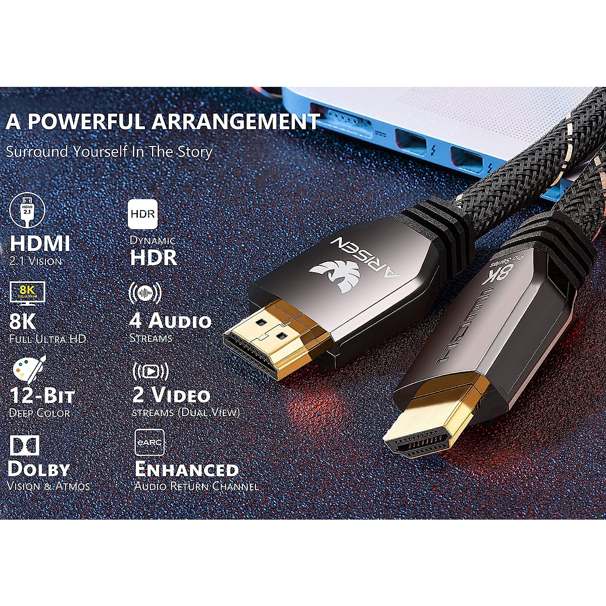 ARISEN 8K HDMI 2.1 Cable 8ft & 2ft Bundle