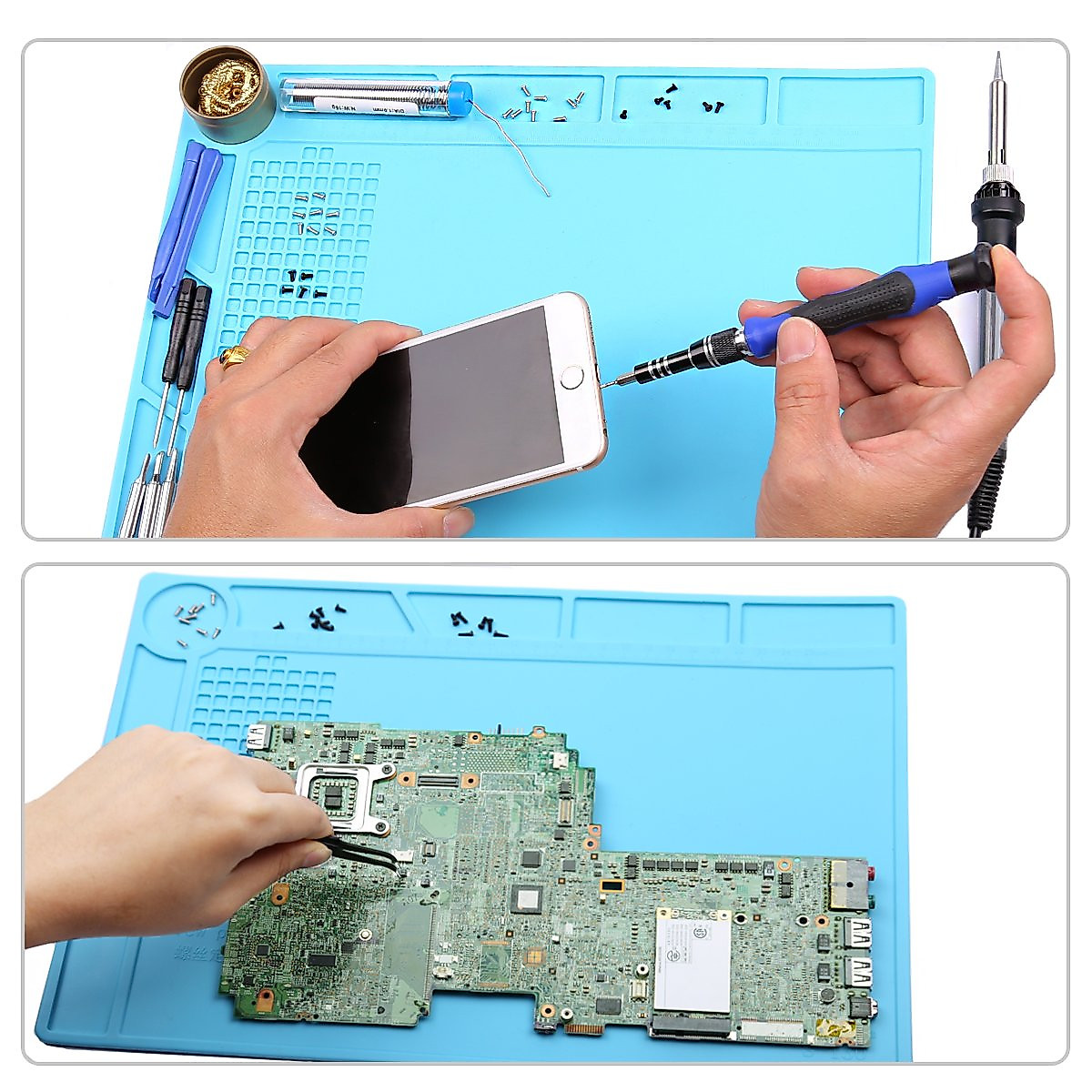 XOOL Heat Resistant Soldering Mat - Blue Magnetic Silicone Work Mat with Scale Ruler and Screw Position, Silicone Soldering Repair Mat for Soldering, Phone, Laptop, Tablet, Watch Repair(13.7''×9.76'')