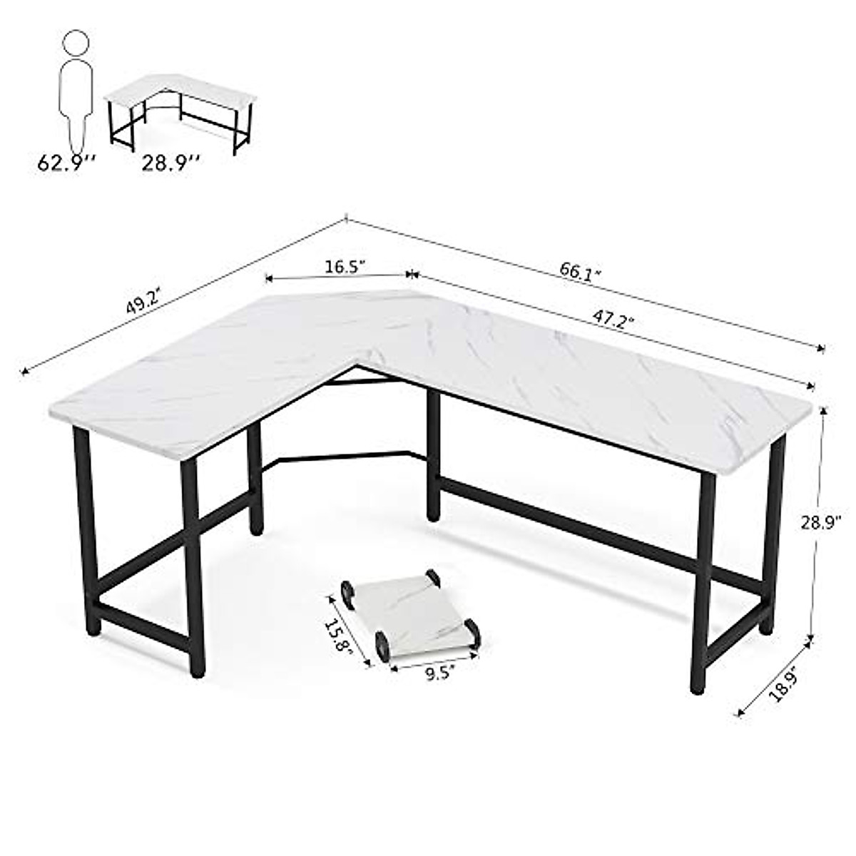 Tribesigns 66 inch Modern L Shaped Desk, Corner Computer Desk PC Laptop Gaming Table Workstation for Home Office, White Faux Marble/Black Metal Frame
