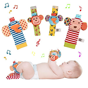 ThinkMax Baby Soft Rattle Toy, Foot Socks Wrists Rattles, Wrists Rattles for Baby,Ankle Sock Cotton and Plush Stuffed Infant Toys