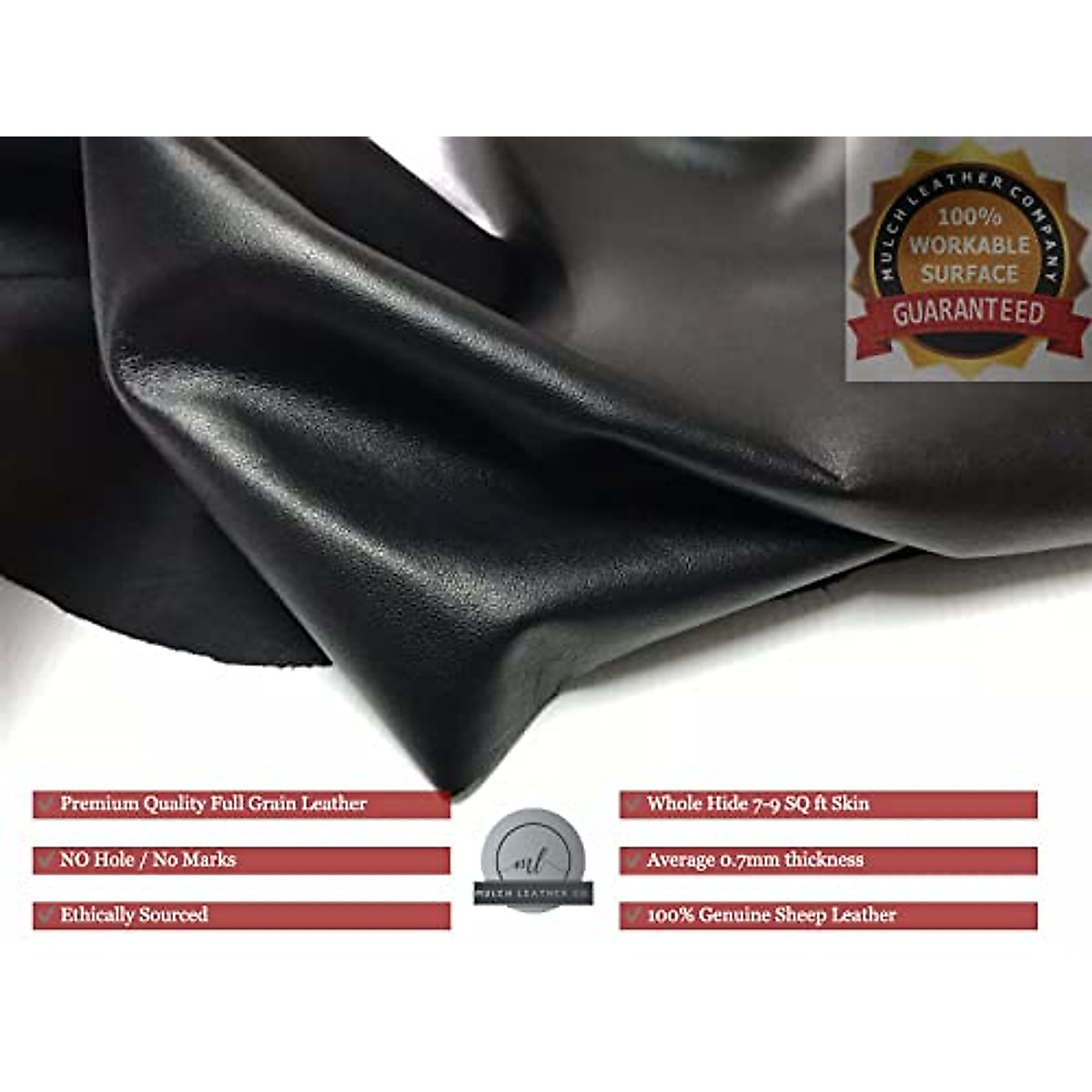 Black Whole Nappa Soft Premium Quality Sheepskin Genuine Leather Hide- NO Holes & Cuts (Black, Full Hide(7-9 sq. ft))