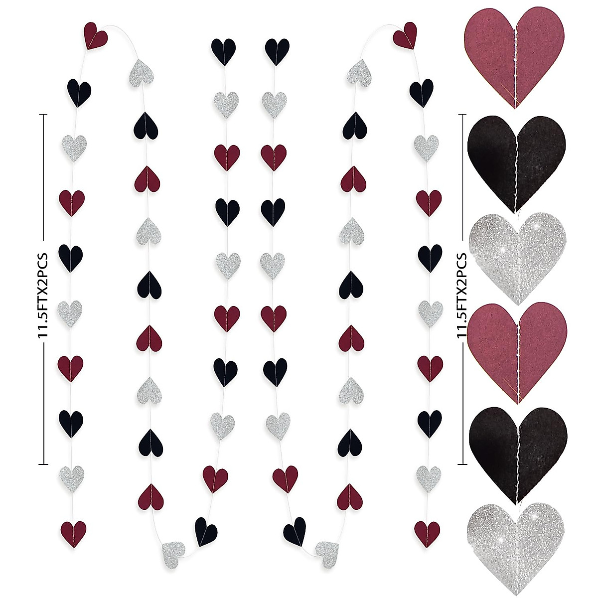 Bridal Shower Decorations Maroon Black/Wedding Decorations/Burgundy Valentine's Day Garland Decorations/Maroon Black Birthday Party Decorations Burgundy Black Heart Paper Garlands 2pcs