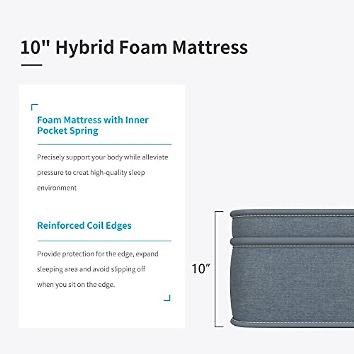 Hommoo 10 Inch Foam and Individually Pocket Innerspring Hybrid Mattress Breathable Medium Firm Mattress with Knitted Fabric Cover Soft Bed Mattress in a Box King