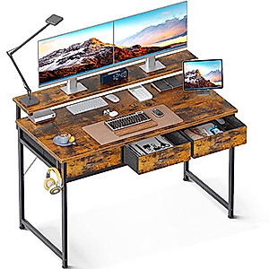 ODK 47 inch Small Computer Desk with Fabric Drawers, Home Office Desk with Adjustable Monitor Stand, Modern Work Study Writing Table Desk, Vintage