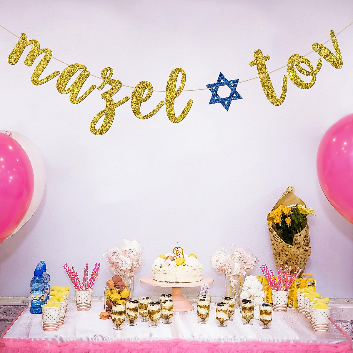 INNORU Mazel Tov Banner, Congratulations Party Decorations, Bar Mitzvah, Birthday, Wedding, Jewish Party Decorations Gold Glitter