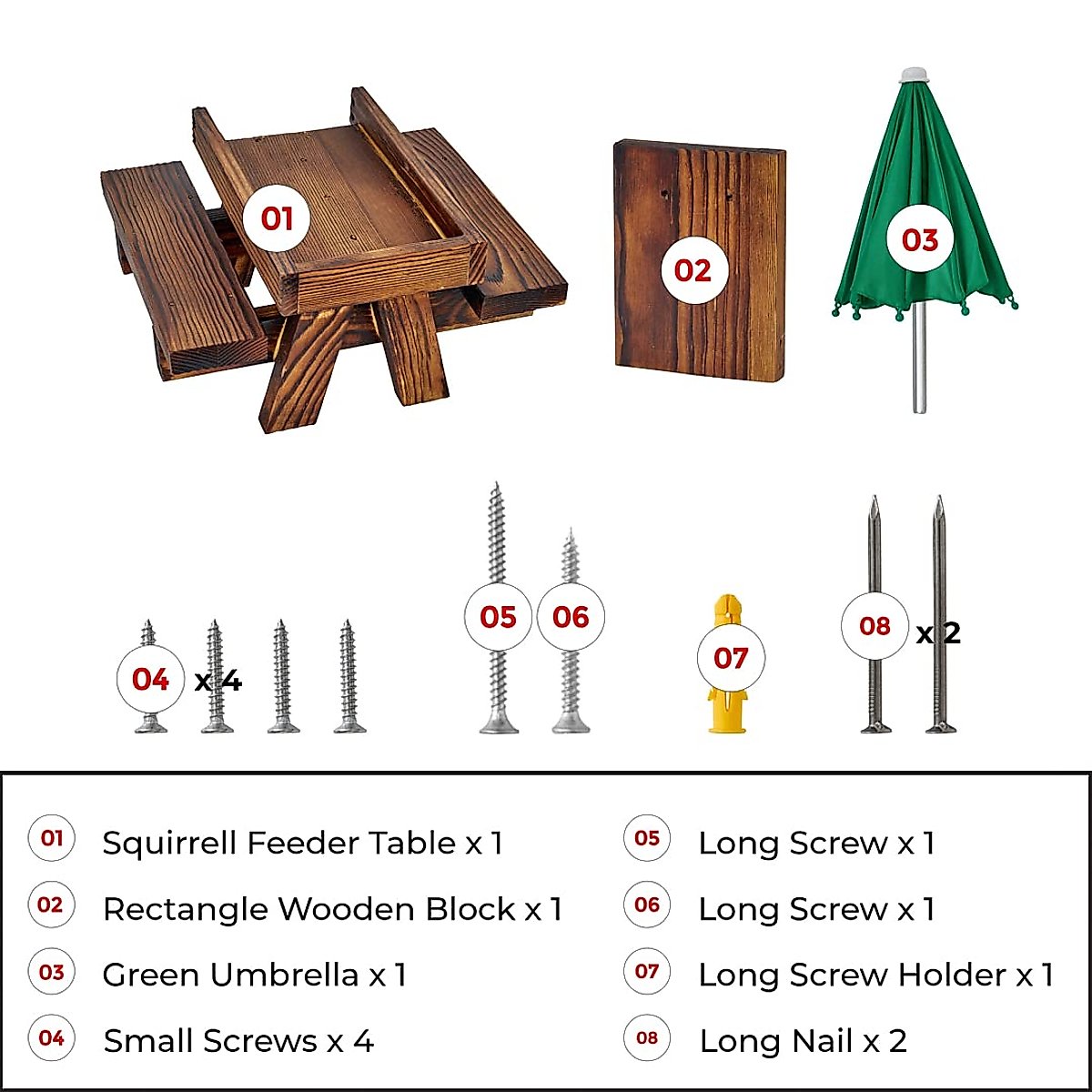 VASGOR Squirrel Feeder Table with Umbrella, Wooden Squirrel Picnic Table, Durable, Corn Cob, Solid Structure and 2 x Thick Benches, Stable, 8.3 x 7 x 8 Inches (1)