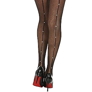 MANZI 2 Pairs Rhinestone Fishnet Backseam Stocking Tights with Back Seam Patterned Tights for Women Black